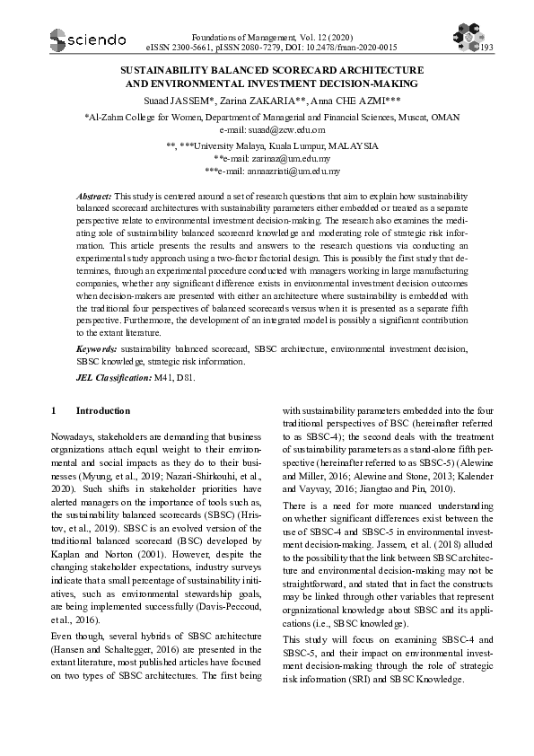 (PDF) Sustainability Balanced Scorecard Architecture and Environmental ...