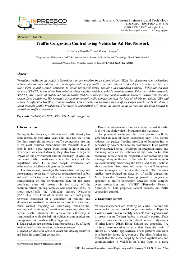 Pdf Traffic Congestion Control Using Vehicular Ad Hoc Network