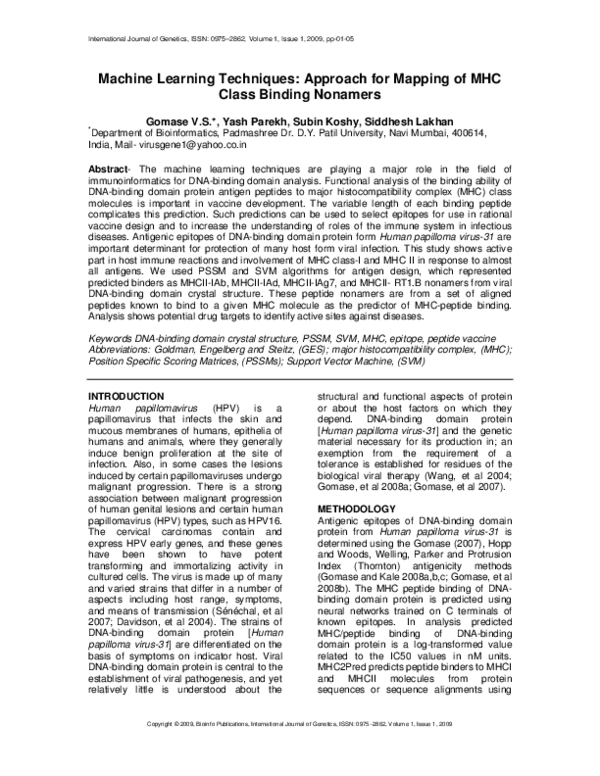 (PDF) Machine Learning Techniques: Approach for Mapping of MHC Class Binding Nonamers