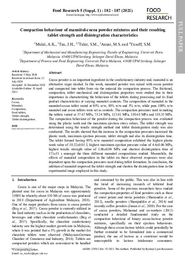 (PDF) Mannitol-Cocoa Tablet Compaction and Strength