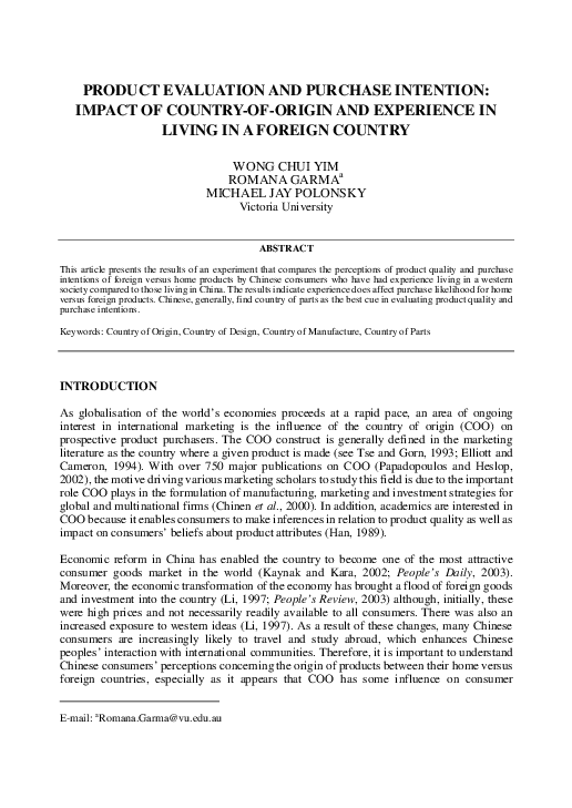 (PDF) Product evaluation and purchase intention: impact of country-of-origin and experience in ...