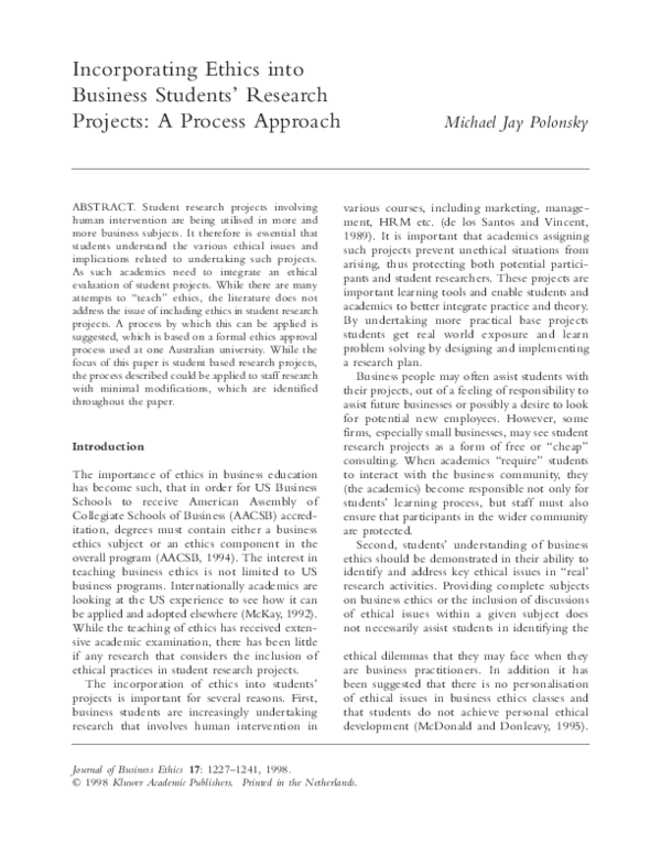 (PDF) Incorporating Ethics into Business Students' Research Projects: A Process Approach