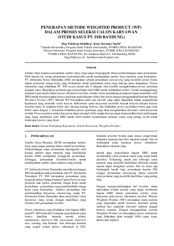 (PDF) PENERAPAN METODE WEIGHTED PRODUCT (WP) DALAM PROSES SELEKSI CALON ...