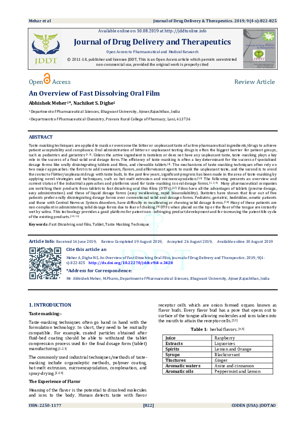 (PDF) An Overview of Fast Dissolving Oral Film