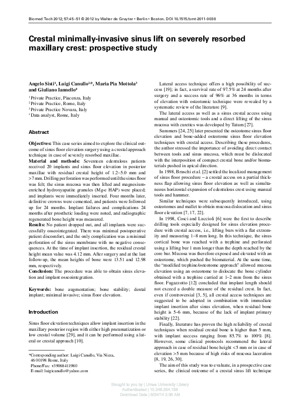 (PDF) Crestal minimally-invasive sinus lift on severely resorbed ...