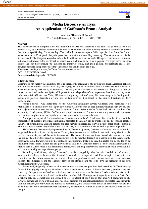 (PDF) Media Discourse Analysis: An Application of Goffman’s Frame ...