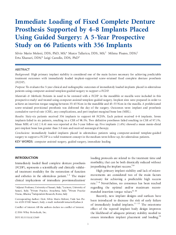 (PDF) Immediate Loading of Fixed Complete Denture Prosthesis Supported ...