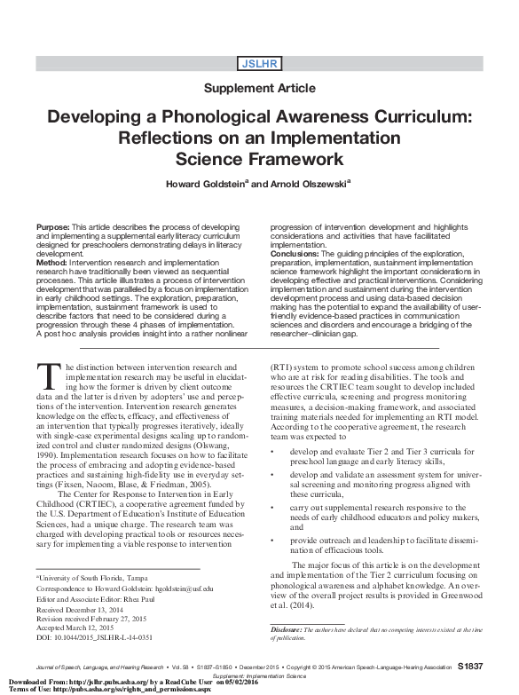 (PDF) Developing a Phonological Awareness Curriculum: Reflections on an Implementation Science ...