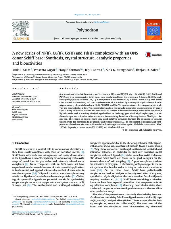 (PDF) A new series of Ni(II), Cu(II), Co(II) and Pd(II) complexes with an ONS donor Schiff base ...
