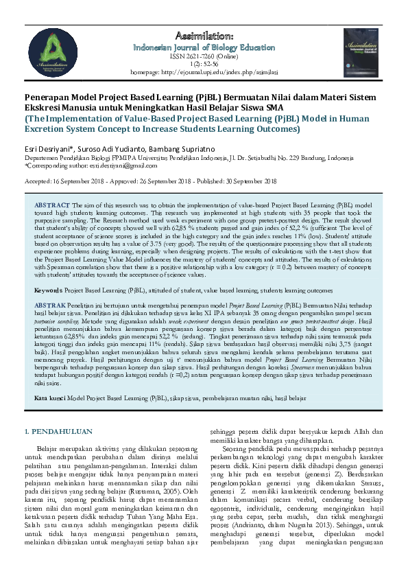 (PDF) Penerapan Model Project Based Learning (PjBL) Bermuatan Nilai ...