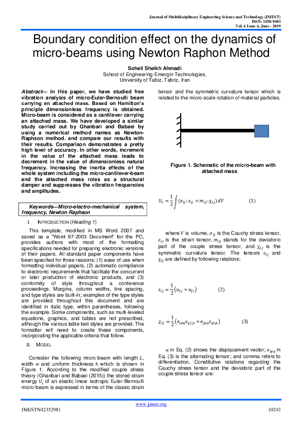 (PDF) Boundary condition effect on the dynamics of micro-beams using Newton Raphon Method
