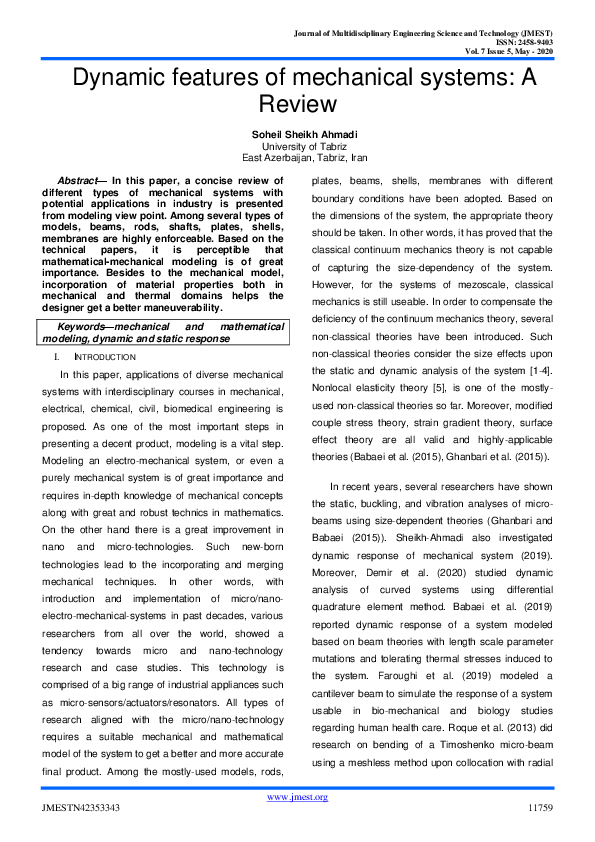 (PDF) Dynamic features of mechanical systems: A Review