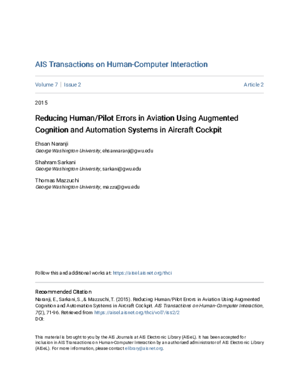 (PDF) Reducing Human/Pilot Errors in Aviation Using Augmented Cognition and Automation Systems ...