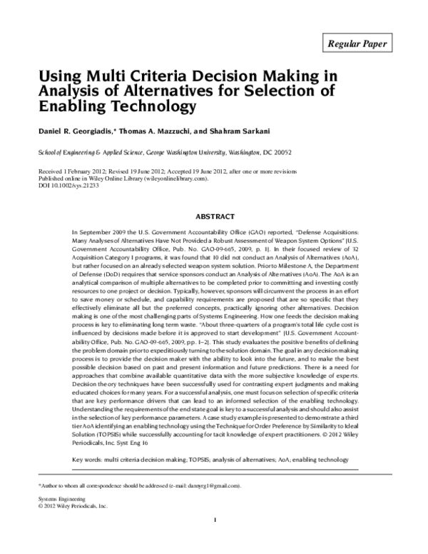 Pdf Using Multi Criteria Decision Making In Analysis Of Alternatives For Selection Of Enabling