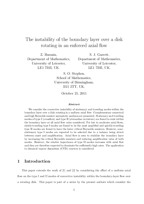 (PDF) The instability of the boundary layer over a disk rotating in an enforced axial flow