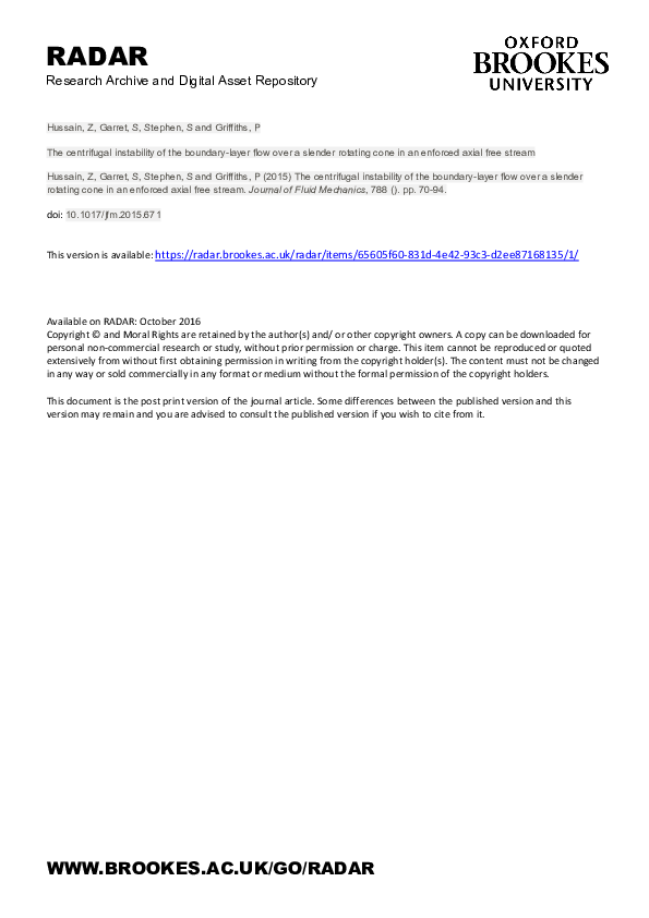(PDF) The centrifugal instability of the boundary-layer flow over a slender rotating cone in an ...