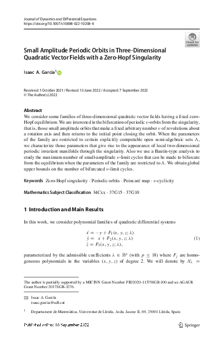 (PDF) Small Amplitude Periodic Orbits in Three-Dimensional Quadratic Vector Fields with a Zero ...
