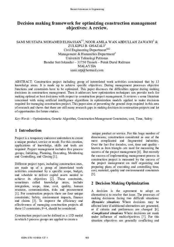 (PDF) Decision Making Framework for Optimizing Construction Management ...