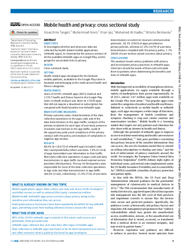 (PDF) Mobile health and privacy: cross sectional study
