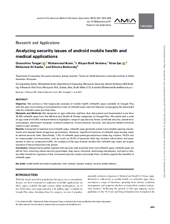 (PDF) Analyzing security issues of android mobile health and medical applications