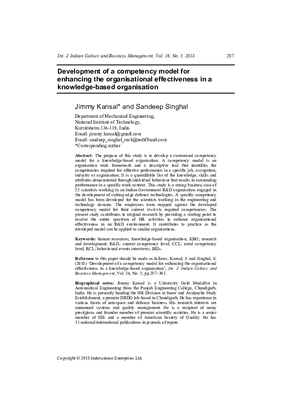 (PDF) Development of a competency model for enhancing the organisational effectiveness in a ...