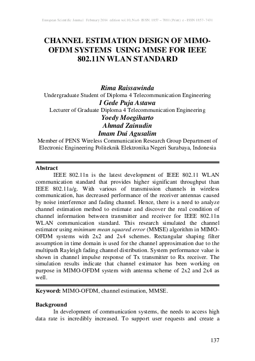 (PDF) Channel Estimation Design of Mimoofdm Systems Using