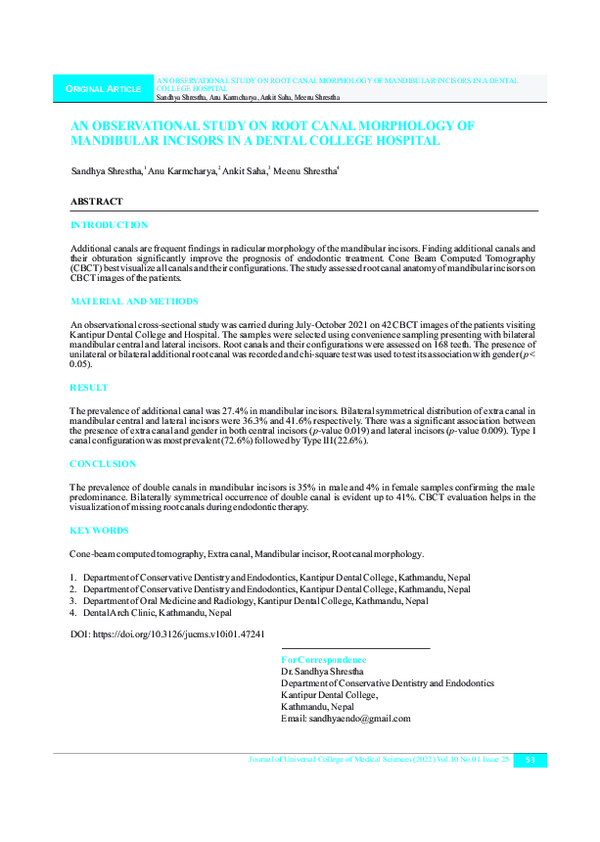 (PDF) An Observational Study on Root Canal Morphology of Mandibular ...