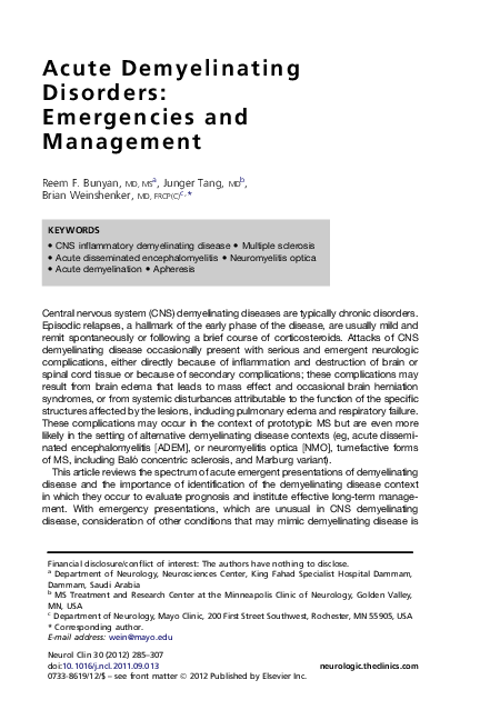 (PDF) Acute Demyelinating Disorders: Emergencies and Management