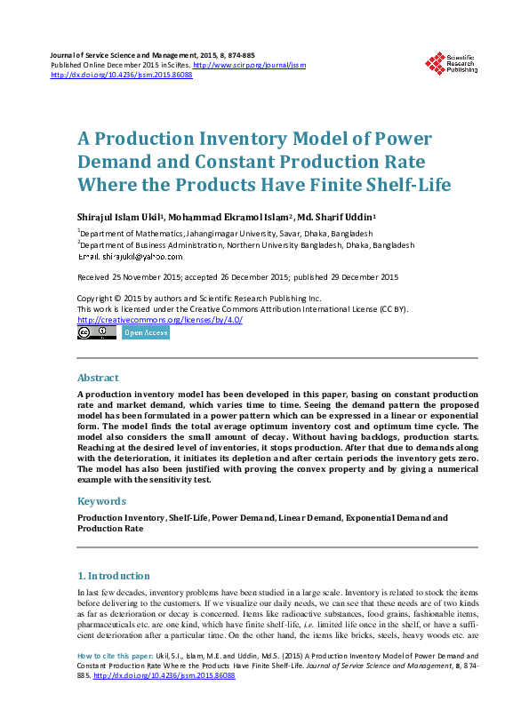 Pdf A Production Inventory Model Of Power Demand And Constant Production Rate Where The