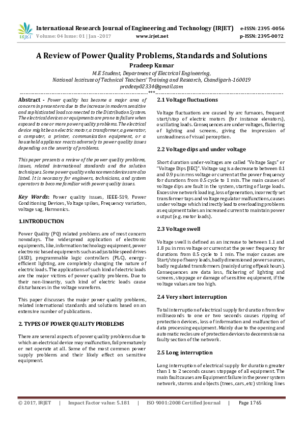 (PDF) A Review of Power Quality Problems, Standards and Solutions