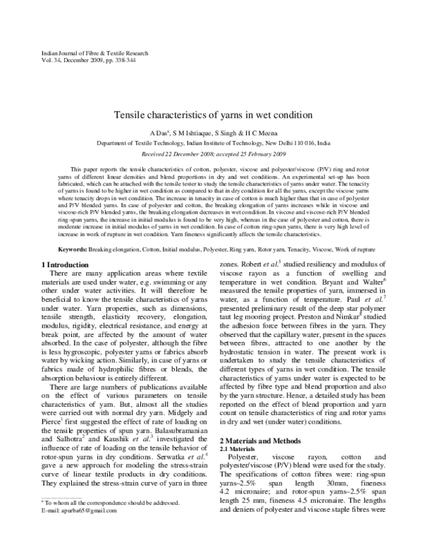 (PDF) Tensile characteristics of yarns in wet condition