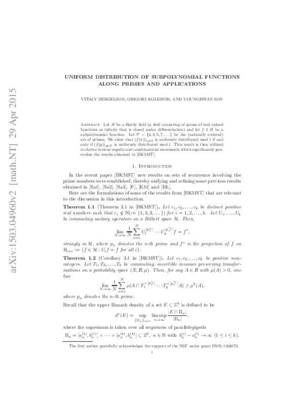 (PDF) Uniform distribution of subpolynomial functions along primes and applications | Grigori ...