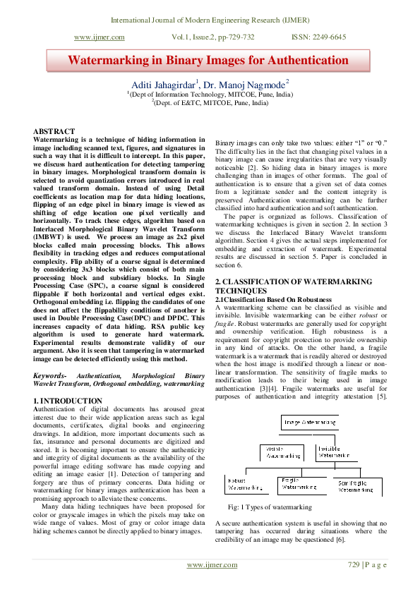 (PDF) Watermarking in Binary Images for Authentication