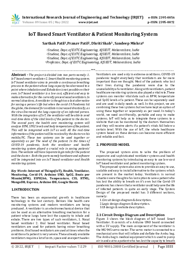 (PDF) IoT Based Smart Ventilator & Patient Monitoring System
