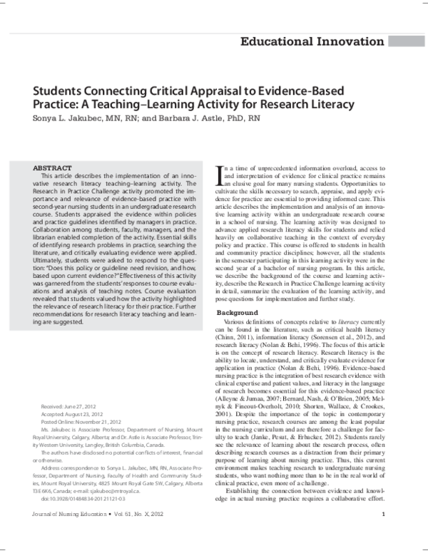 (PDF) Students Connecting Critical Appraisal to Evidence-Based Practice ...