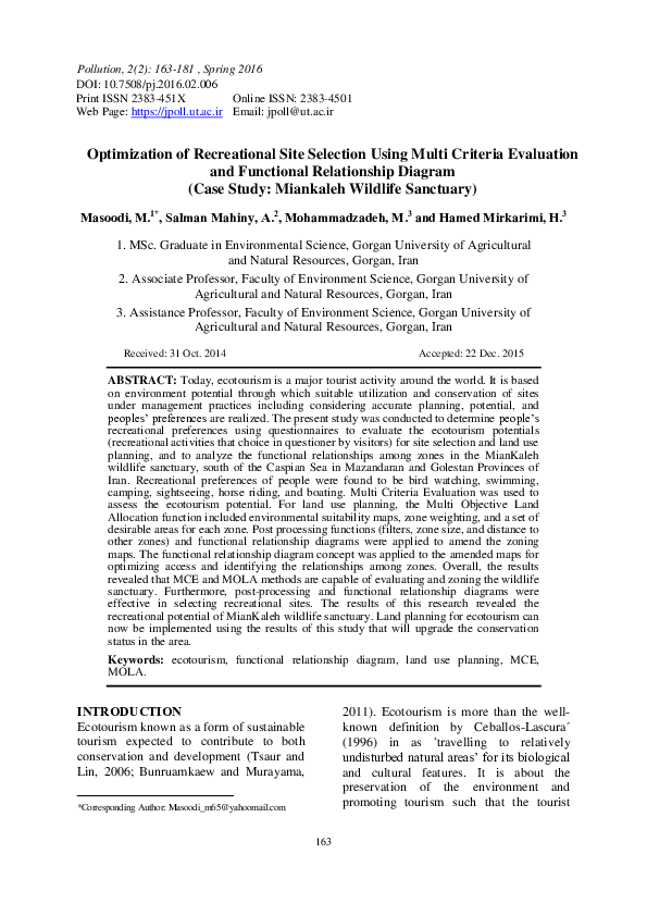 Pdf Optimization Of Recreational Site Selection Using Multi Criteria Evaluation And Functional