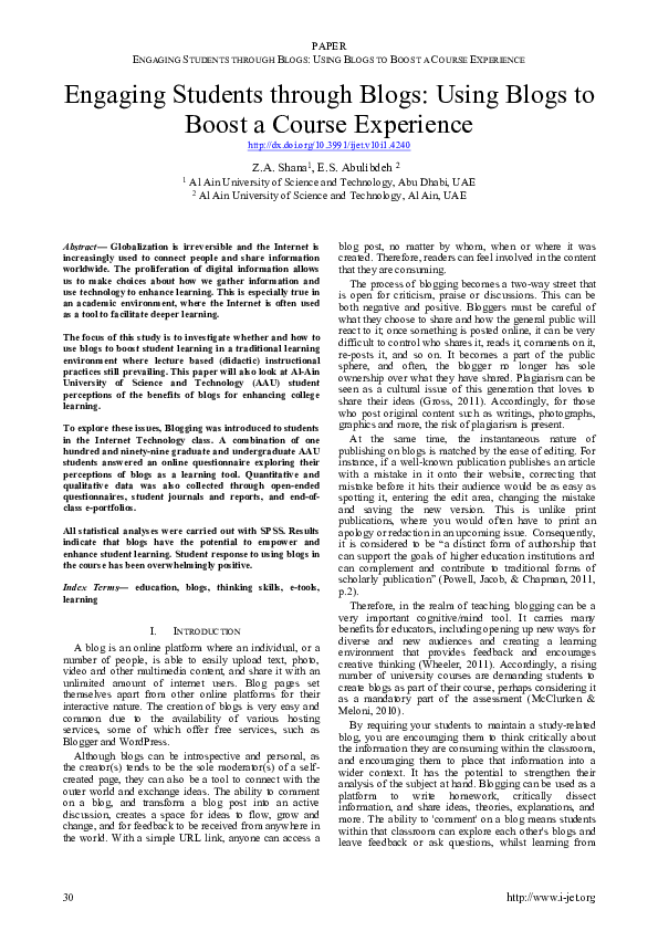 (PDF) Engaging Students through Blogs: Using Blogs to Boost a Course Experience