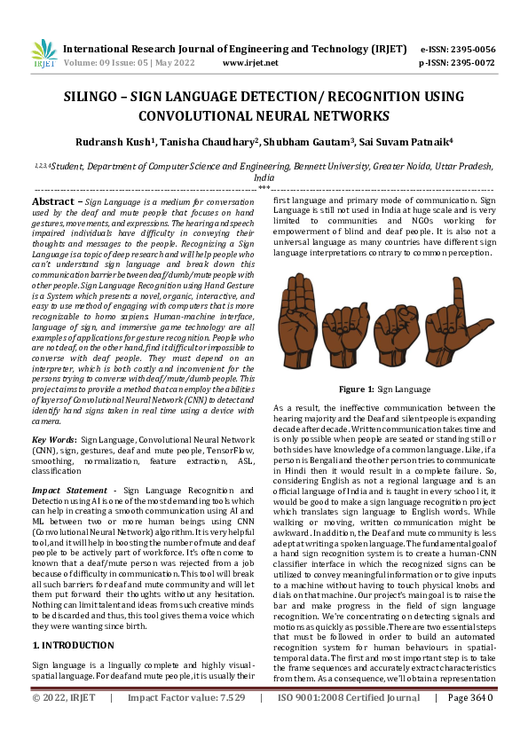 (PDF) SILINGO -SIGN LANGUAGE DETECTION/ RECOGNITION USING CONVOLUTIONAL NEURAL NETWORKS