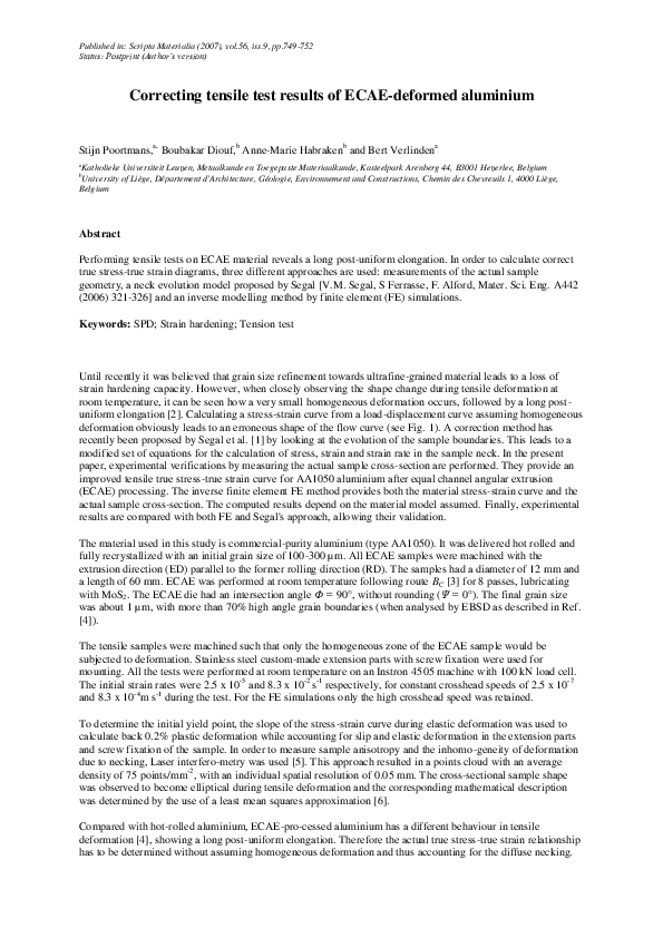 (PDF) Correcting tensile test results of ECAE-deformed aluminium
