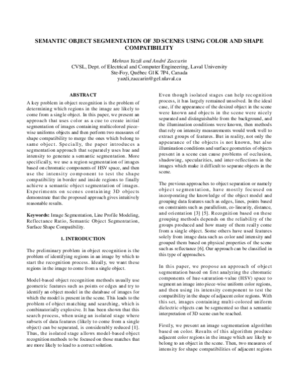 Pdf Semantic Object Segmentation Of 3d Scenes Using Color And Shape Compatibility