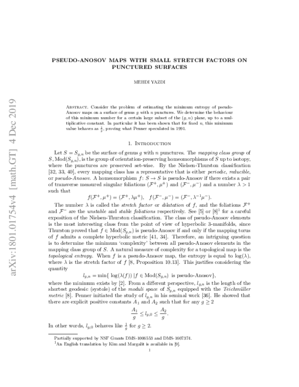 (PDF) Pseudo-Anosov maps with small stretch factors on punctured surfaces