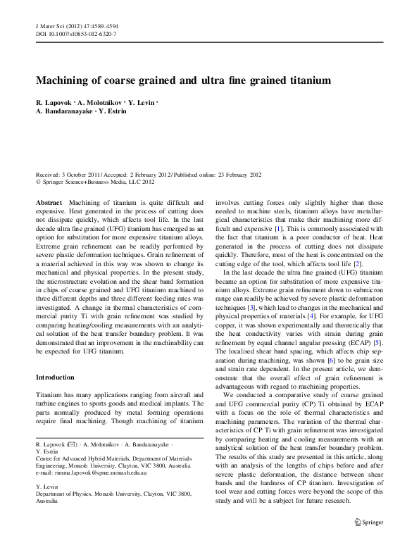 (PDF) Machining of coarse grained and ultra fine grained titanium