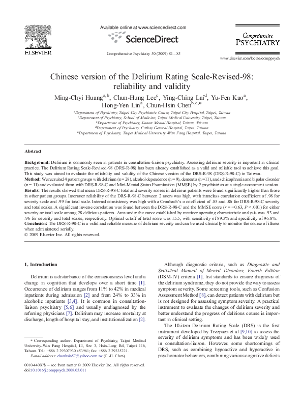(PDF) Chinese version of the Delirium Rating Scale-Revised-98: reliability and validity