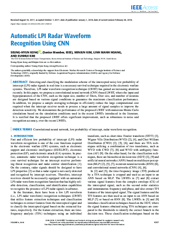 Pdf Automatic Lpi Radar Waveform Recognition Using Cnn