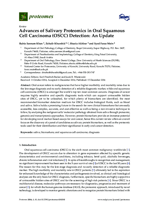 (PDF) Advances of Salivary Proteomics in Oral Squamous Cell Carcinoma (OSCC) Detection: An ...