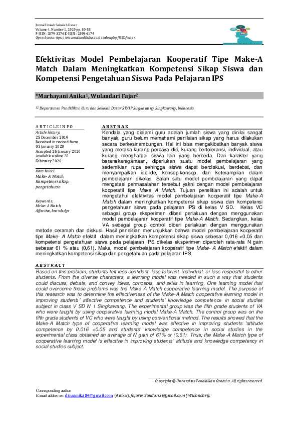 (PDF) Efektivitas Model Pembelajaran Kooperatif Tipe Make-A Match Dalam Meningkatkan Kompetensi ...