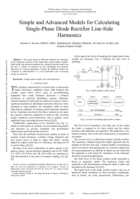 (PDF) Simple And Advanced Models For Calculating Single-Phase Diode Rectifier Line-Side Harmonics