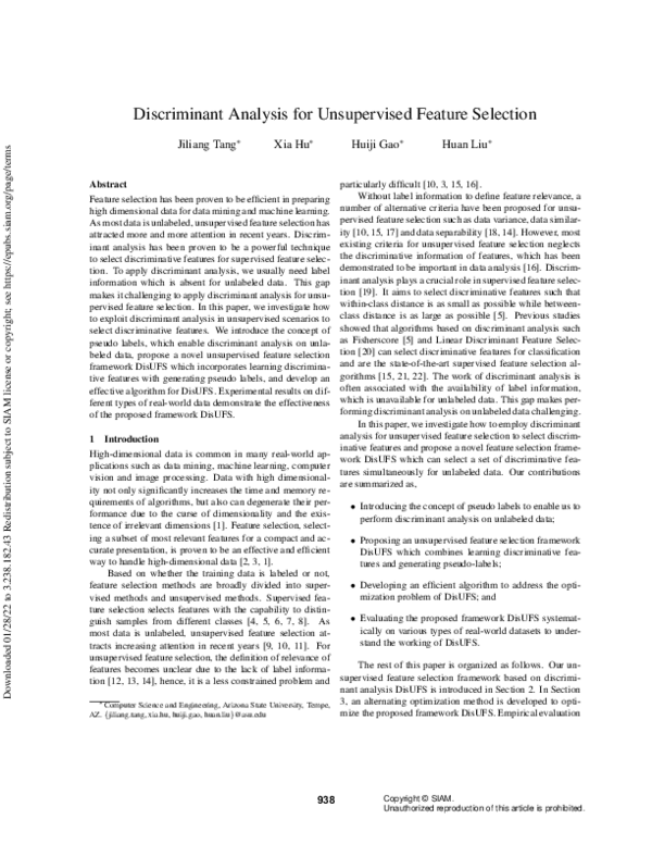 (PDF) Discriminant Analysis for Unsupervised Feature Selection