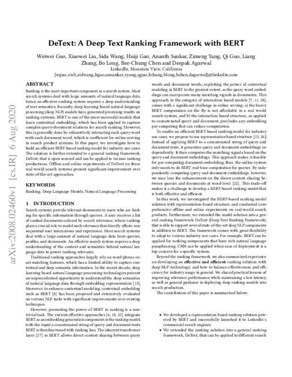 Pdf Detext A Deep Text Ranking Framework With Bert 