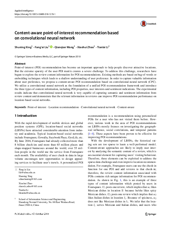 (PDF) Content-aware point-of-interest recommendation based on convolutional neural network